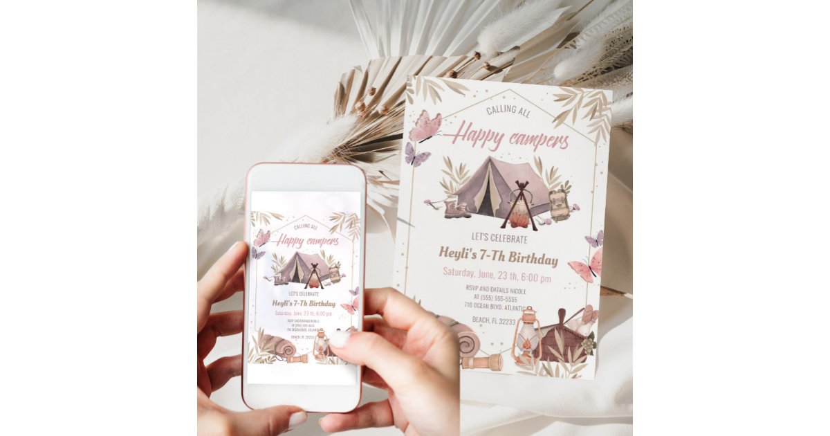 Camping Tent Bonfire Girl Birthday Invitation | Zazzle