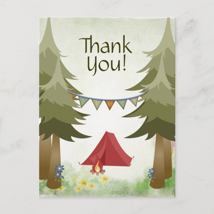 Camping Tent Campfire Trees Woodland Thank You Postcard | Zazzle