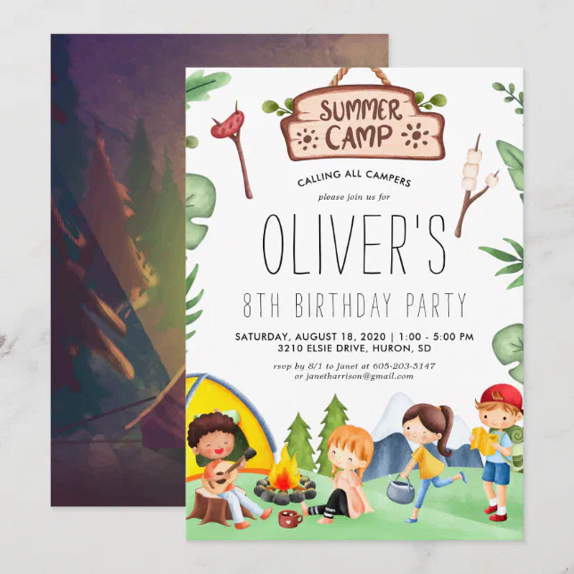 Camping Themed Kids Summer Camp | Birthday Party Invitation | Zazzle