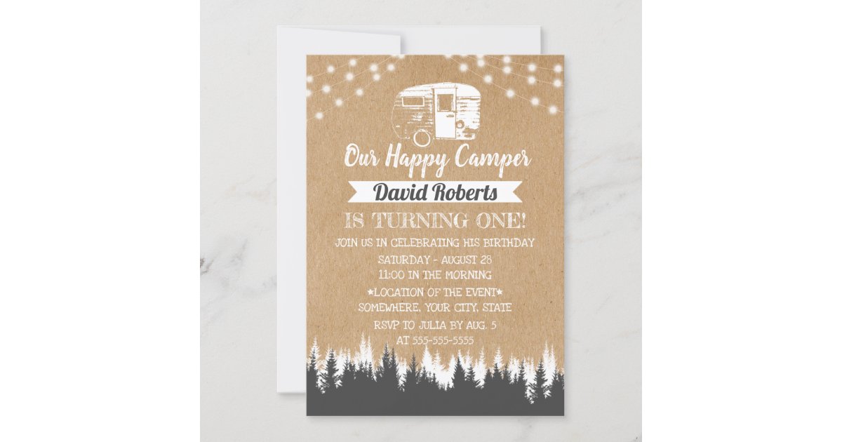 Camping Trailer Happy Camper Rustic Kraft Birthday Invitation | Zazzle