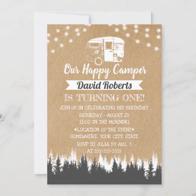 Camping Trailer Happy Camper Rustic Kraft Birthday Invitation | Zazzle