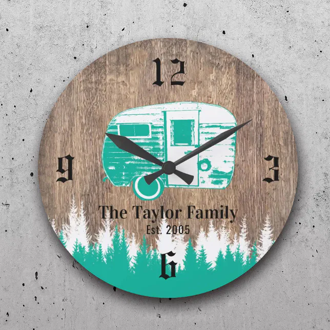 Camping Trailer Happy Campers Family Name Wooden Large Clock | Zazzle
