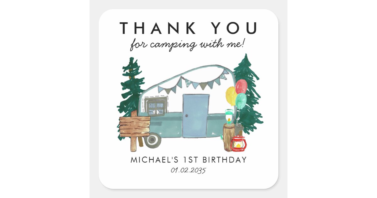 Camping Van Trees Kids Birthday Thank You Favor Square Sticker | Zazzle