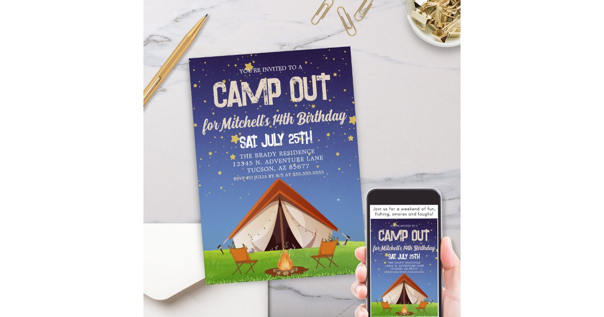 Camping Weekend Getaway Birthday Party Invitation | Zazzle