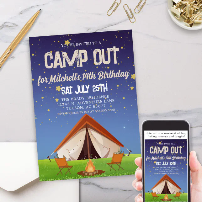 Camping Weekend Getaway Birthday Party Invitation | Zazzle