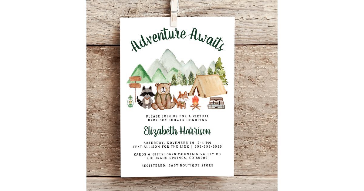 Camping Woodland Animals Virtual Baby Shower Invitation | Zazzle
