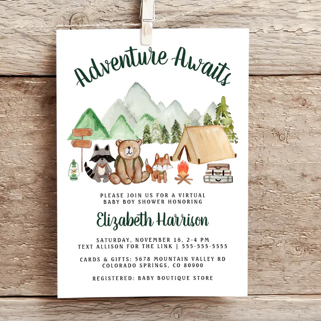 Camping Woodland Animals Virtual Baby Shower Invitation | Zazzle
