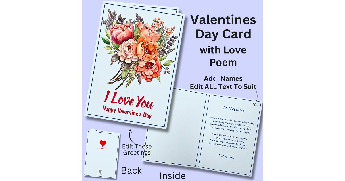 Can Edit Text, Blue Flowers & Poem Valentines Day Card | Zazzle