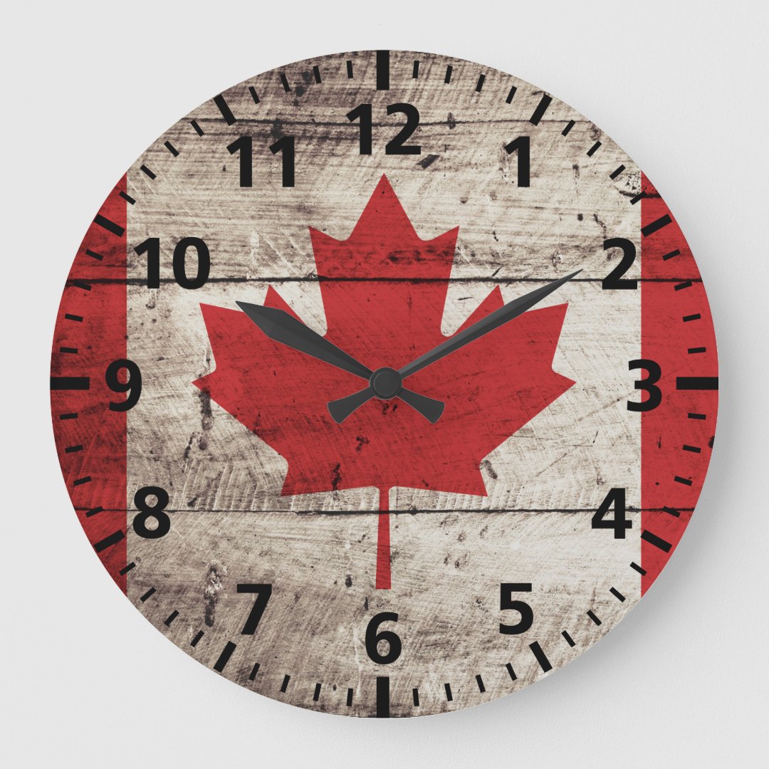 Canada Flag on Old Wood Grain Large Clock | Zazzle