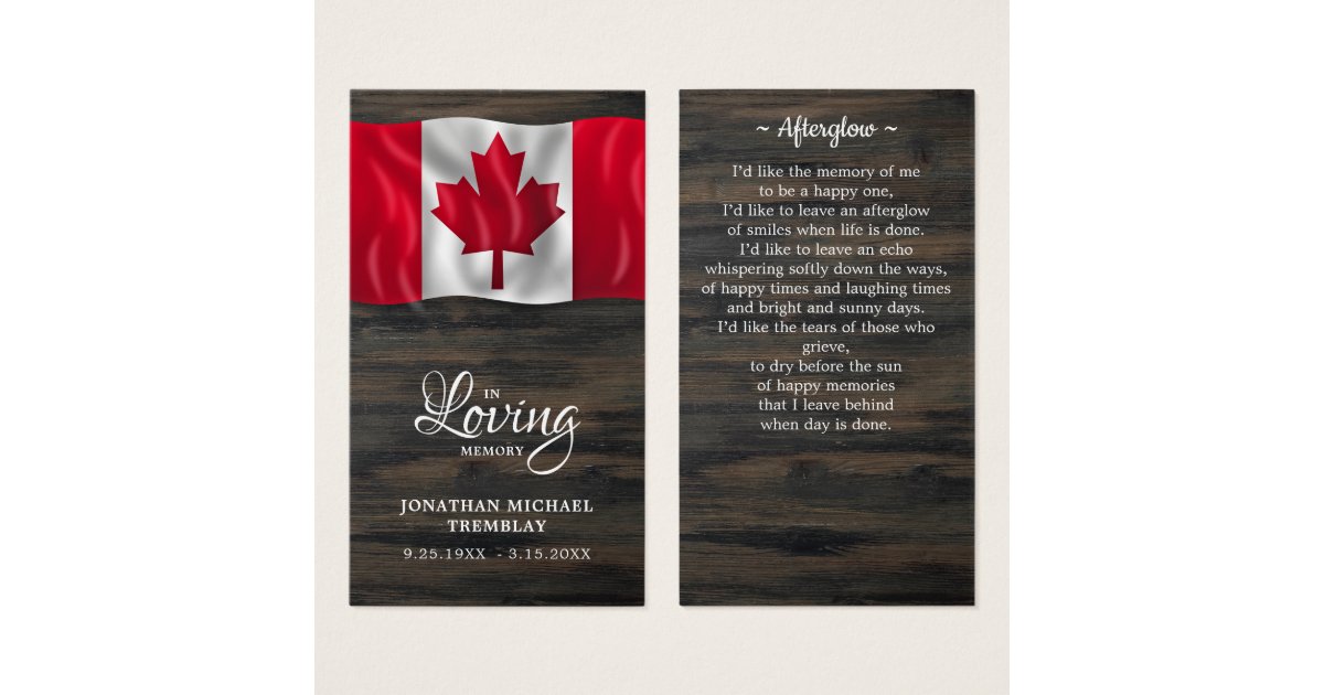 Canada Flag Sympathy Memorial Funeral Prayer Card | Zazzle