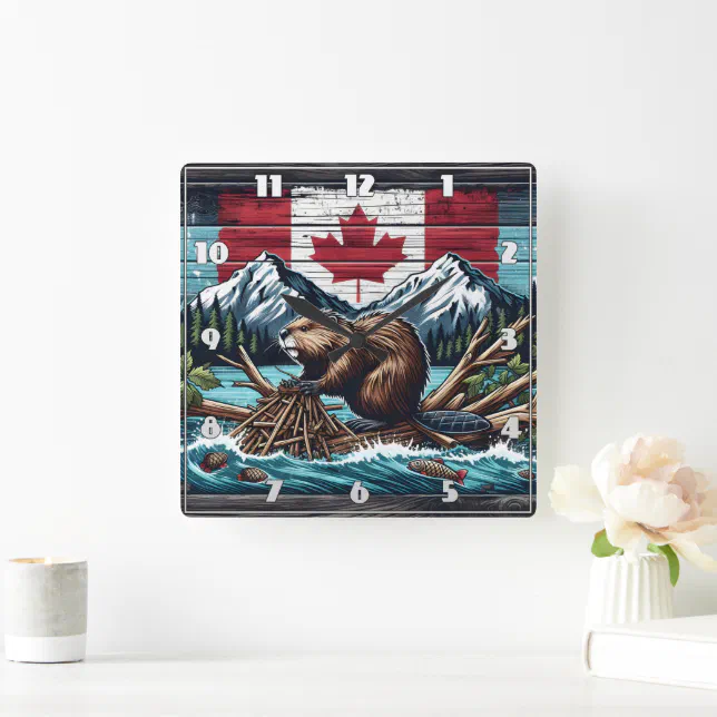 Canadian Beaver by the Flag and Mountains Square Wall Clock | Zazzle