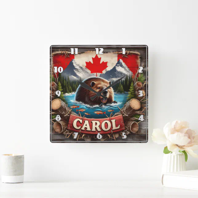 Canadian Beaver, Flag, Mountain View Square Wall Clock | Zazzle