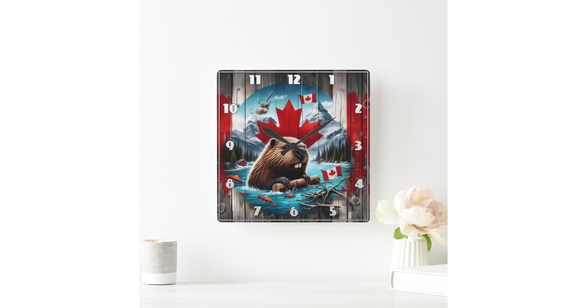 Canadian Beaver in Front of Maple Leaf Background Square Wall Clock ...