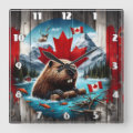 Canadian Beaver in Front of Maple Leaf Background Square Wall Clock ...