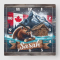 Canadian Beaver in Water With Logs Near Mountains Square Wall Clock ...