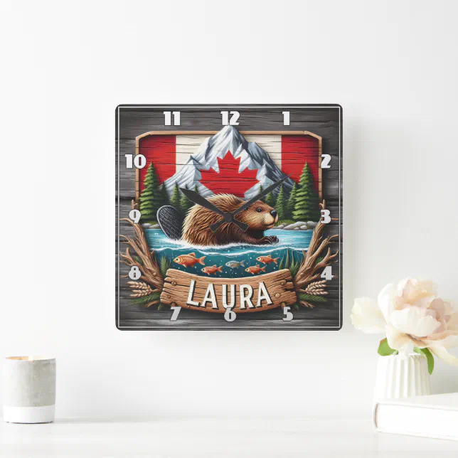Canadian Beaver With Flag and Mountains Square Wall Clock | Zazzle