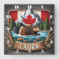 Canadian Beaver With Flag and Mountains Square Wall Clock | Zazzle