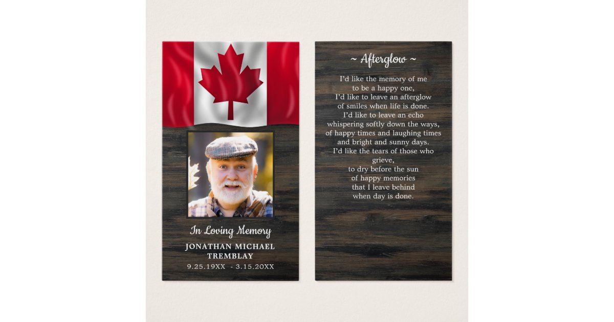 Canadian Flag Memorial Photo Funeral Prayer Card | Zazzle