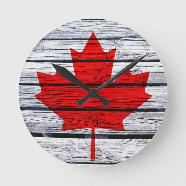 Canadian Flag Rustic Wood Round Clock | Zazzle