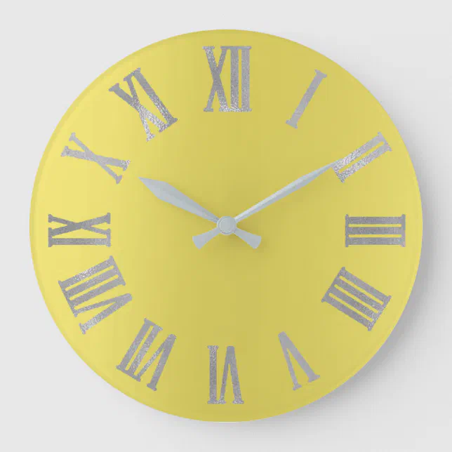Canary Yellow Silver Gray Metallic Roman Numers Large Clock | Zazzle