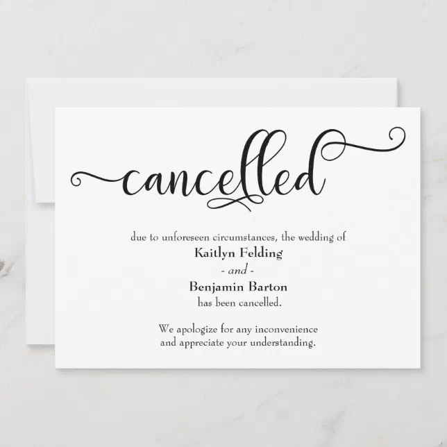 Cancelled Wedding Calligraphy Announcement Card | Zazzle