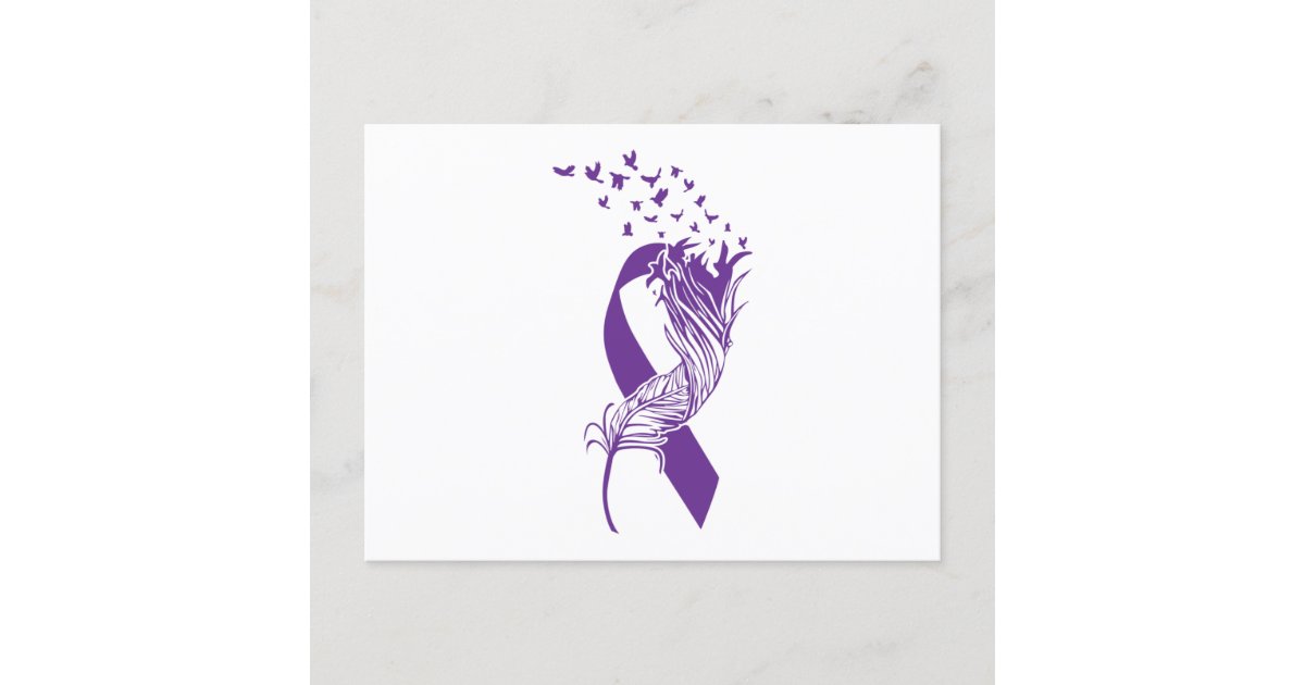 Cancer Purple Ribbon Feather Birds Announcement Postcard | Zazzle