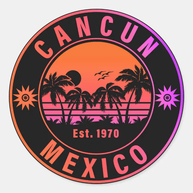 Cancun Mexico Palm Trees Vintage Travel Souvenirs Classic Round Sticker ...