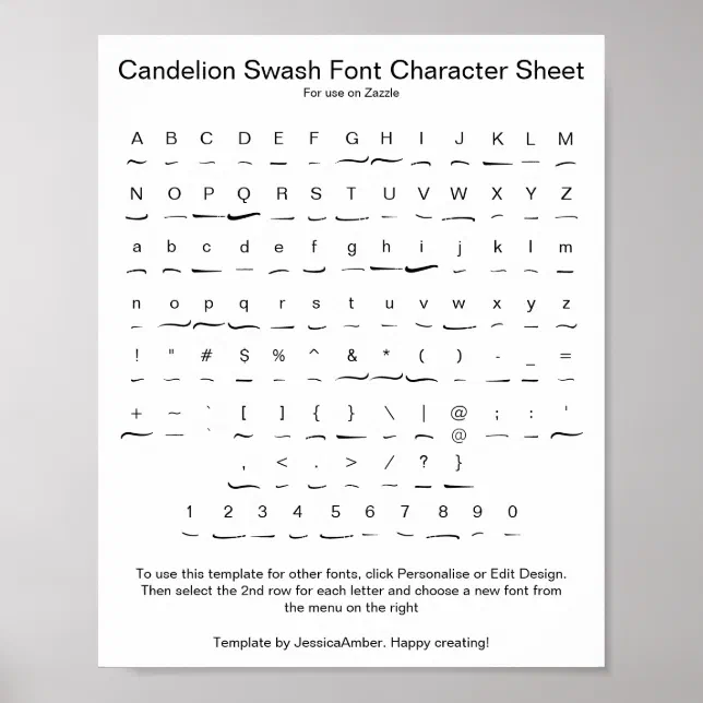 Candelion Swash Font Character Sheet for Zazzle Poster | Zazzle