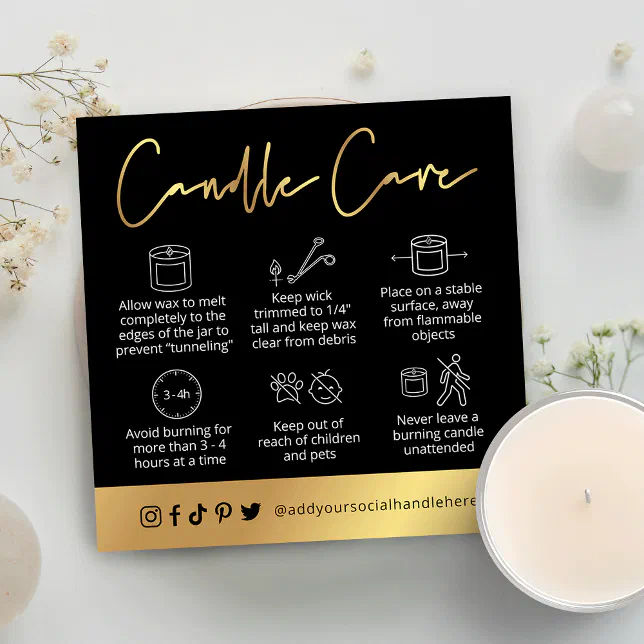 Candle Safety Guide Black & Gold Script Logo Card | Zazzle
