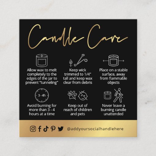 Candle Safety Guide Black & Gold Script Logo Card | Zazzle