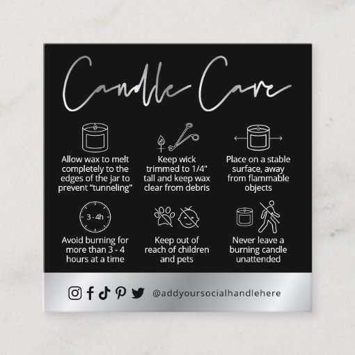 Candle Safety Guide Black & Silver Script Logo Square Business Card ...
