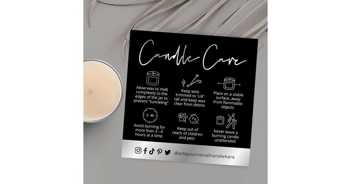Candle Safety Guide Black & Silver Script Logo Square Business Card ...