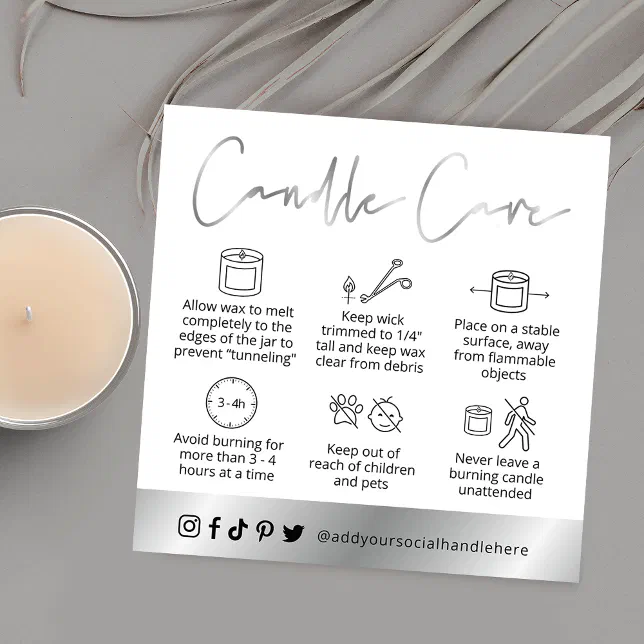 Candle Safety Guide Modern Silver Script Logo Square Business Card | Zazzle