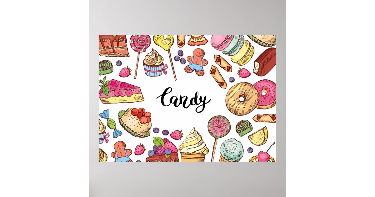 Candy and Dessert Doodles Sweet Treats Pattern Poster | Zazzle