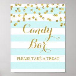 Candy Bar Wedding Sign Blue Stripe Gold Confetti | Zazzle