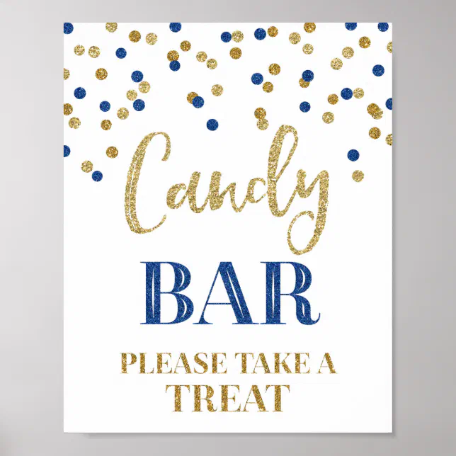 Candy Bar Wedding Sign Gold Navy Blue Confetti | Zazzle