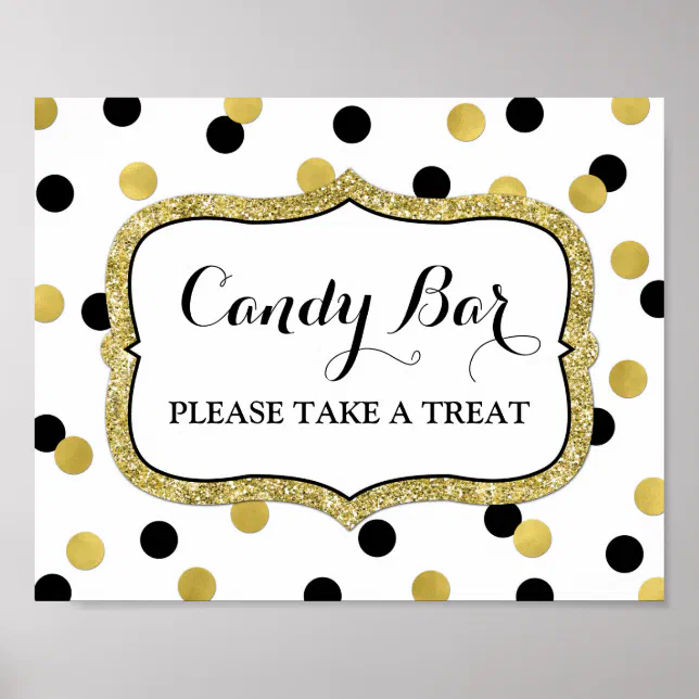Candy Bar Wedding Sign White Black Gold Confetti | Zazzle