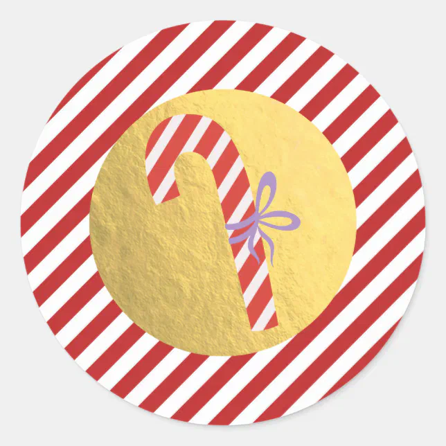 Candy Cane Christmas Holiday Red Stripes Gold Foil Classic Round ...