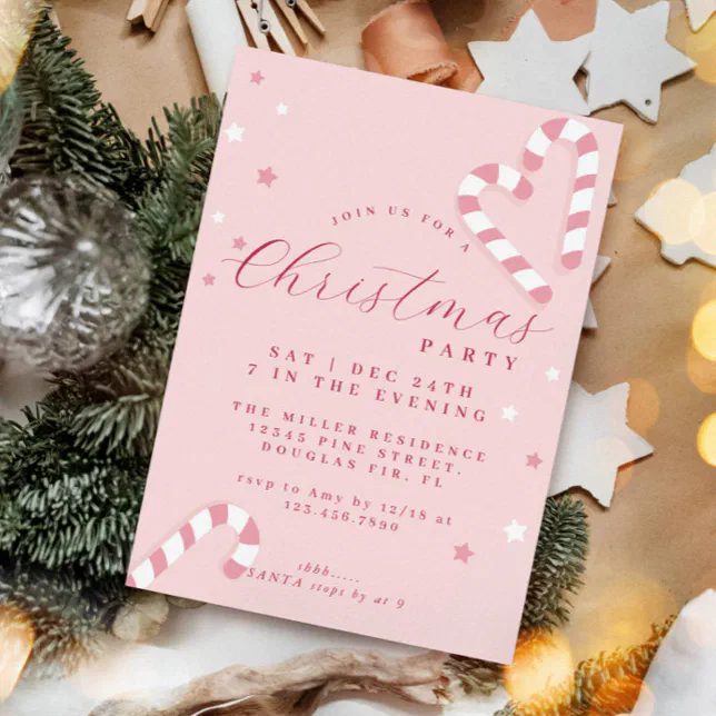 Candy Cane Christmas Party Invitation Pink | Zazzle