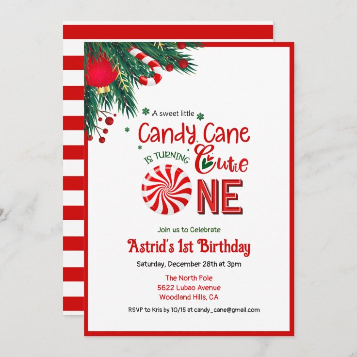 Candy Cane Cutie First Birthday Invitation | Zazzle