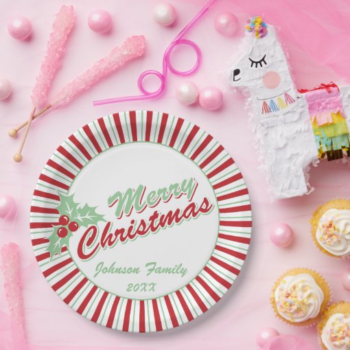 Candy Cane Holly | Custom Christmas Paper Plates | Zazzle