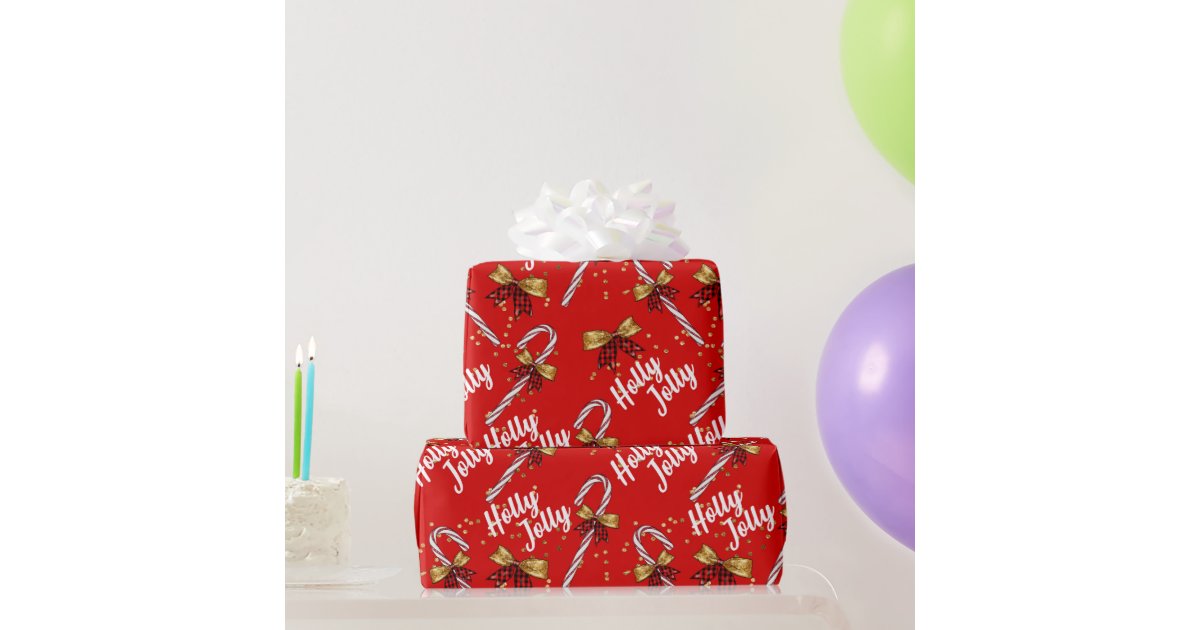 Candy Cane Holly Jolly Modern Festive Christmas Wrapping Paper | Zazzle