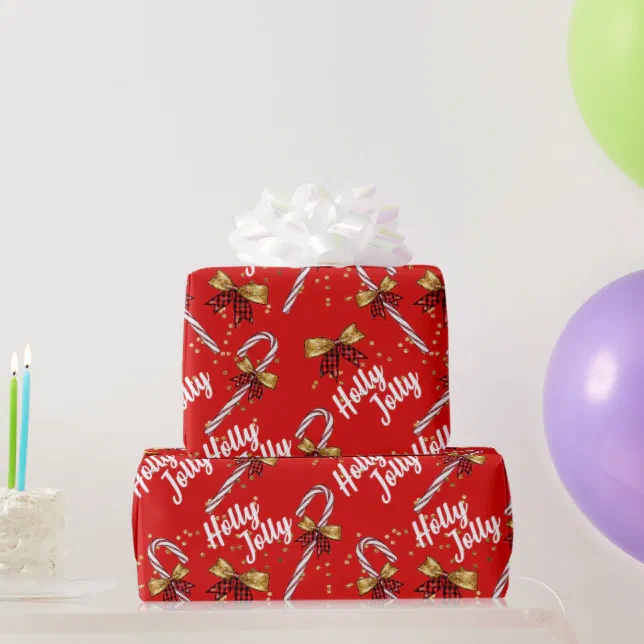 Candy Cane Holly Jolly Modern Festive Christmas Wrapping Paper | Zazzle