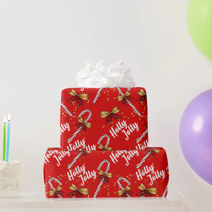 Candy Cane Holly Jolly Modern Festive Christmas Wrapping Paper | Zazzle