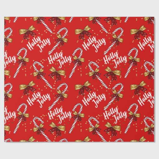 Candy Cane Holly Jolly Modern Festive Christmas Wrapping Paper | Zazzle