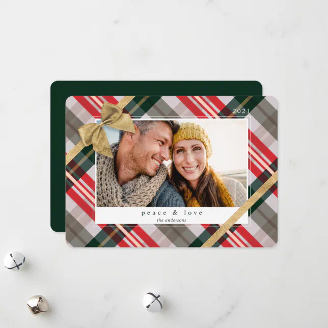 Candy Cane Plaid Gift Wrapped & Bow Present Photo Holiday Card | Zazzle