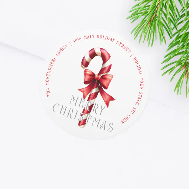 Candy Cane with Red Ribbon Christmas Address Classic Round Sticker | Zazzle