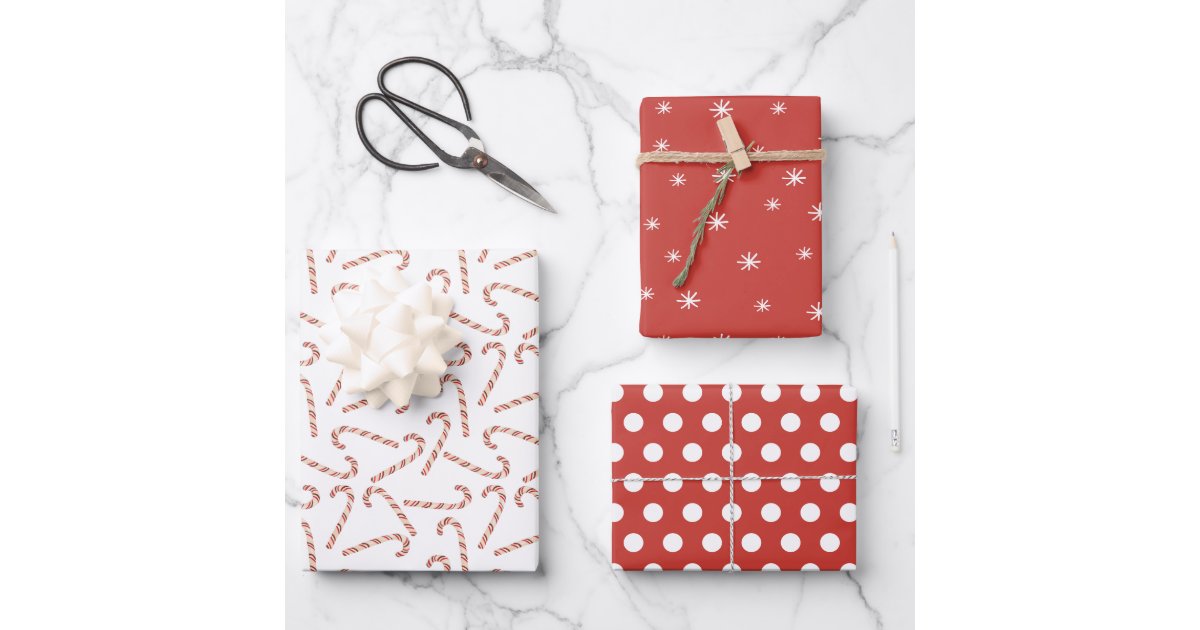 Candy Canes Dots and Snowflakes Red Christmas Wrapping Paper Sheets ...
