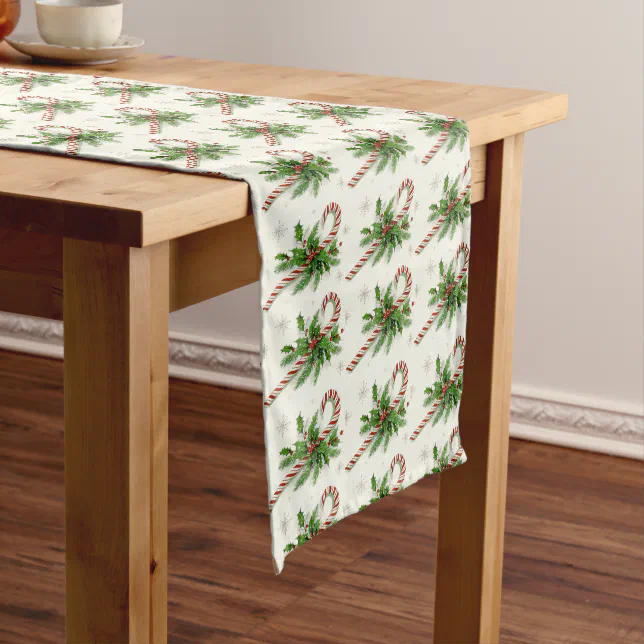 Candy Canes & Holly Christmas Table Runner | Zazzle