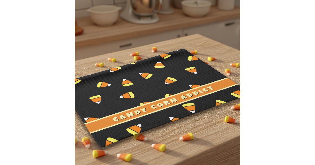 Candy Corn Addict Black Halloween Kitchen Towel | Zazzle
